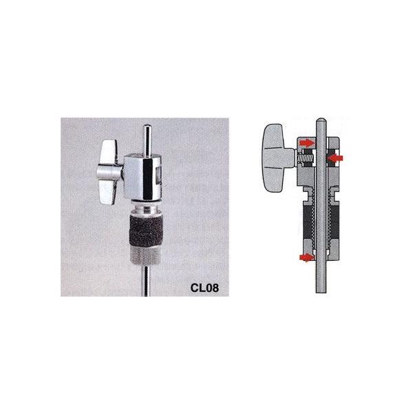 シンバルロッドを3点でクラッチするハイハットクラッチ。ボトムナットもロッドに固定されるため緩みにくい構造です。※スウイングスターのスタンドには取り付けられません。