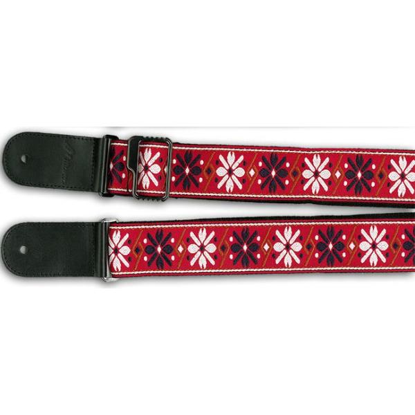 レトロな刺繍が施されたギター用ストラップ。アコースティックギターなどのネック側にストラップピンの無いギターにも使える様、ギターのヘッド部分に結びつけるヒモが付属。※【メール便送料無料】時間指定はできません。