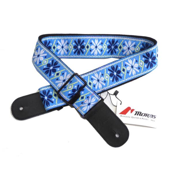 レトロな刺繍が施されたギター用ストラップ。アコースティックギターなどのネック側にストラップピンの無いギターにも使える様、ギターのヘッド部分に結びつけるヒモが付属。※【メール便送料無料】時間指定はできません。