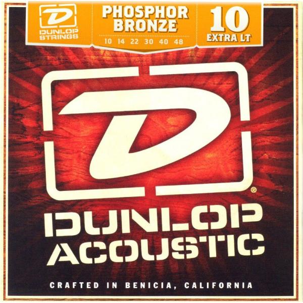 ダンロップのポピュラーなフォスファーブロンズ弦。豊かで暖かいトーン、細めの弦のセットのエクストラライトゲージ。ゲージ：10,14,22,30,40,48