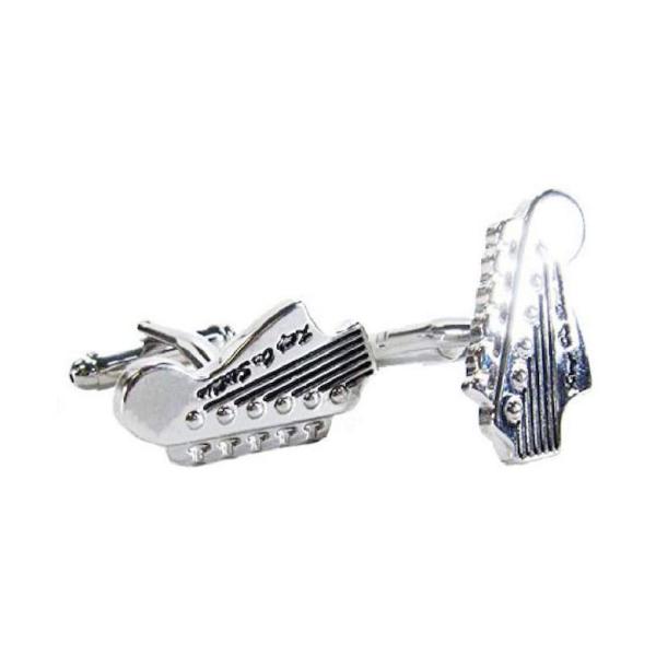 ・かっこいいギターヘッドデザインのカフスボタンです。2個1セット・ギターヘッド部分サイズ：約13mm x 24mm