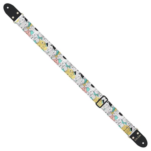 <ギターストラップ> ブサカワ猫のイラスト(一見同じ柄の色違いに見えますが実は若干違うんです)が施された50mmストラップ。エンドピン装着部は革製のレザーエンドになっております。ネコ柄長さ調節範囲:79〜140cm(エンドピン穴...