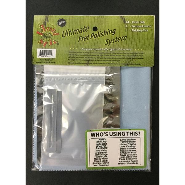 <メンテナンス用品　フレット研磨セット> ポリッシュパッド・フレットガード・クロスをセットにした画期的なフレット研磨セットです。フレットに汚れやサビがある状態では、弦がフレット上をスムーズに移動できず演奏に悪影響を与えるだけでな...