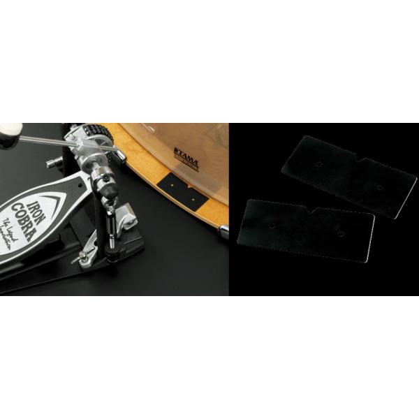 <バスドラムフーププロテクター> バスドラム・ウッドフープのペダルを取り付ける箇所に貼りつけて使用します。切欠きの部分を目印に、ウッドフープ中央に取り付けます。2つの穴はペダルを正しい位置に取り付けるための目安となります。＊レタ...