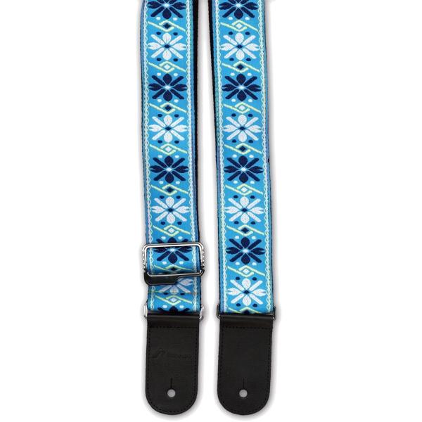 <ギターストラップ>レトロな刺繍が施されたギター用ストラップ。アコースティックギターなどのネック側にストラップピンの無いギターにも使える様、ギターのヘッド部分に結びつけるヒモが付属。長さ調整しやすいタブ付バックルを採用。長さ:9...