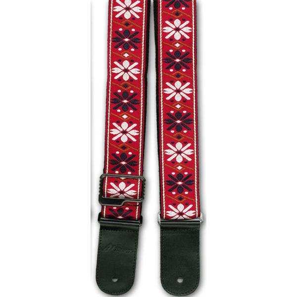 <ギターストラップ>レトロな刺繍が施されたギター用ストラップ。アコースティックギターなどのネック側にストラップピンの無いギターにも使える様、ギターのヘッド部分に結びつけるヒモが付属。長さ調整しやすいタブ付バックルを採用。長さ:9...