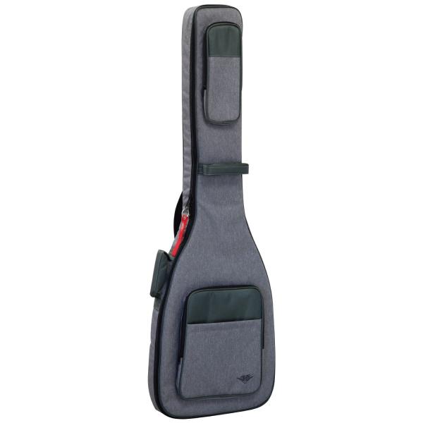 <エレキベースバッグ> スタイリッシュなグレーの生地を使用した都会的な印象のギグバッグです。内装は綿ビロードのリッチで優しい生地を採用し、20 mm厚のクッションが優しく楽器を保護します。ヘッド部にロングポケット、ボディ部にA4...