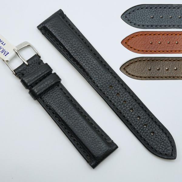 メーカー：モレラート取付幅：20mm/22mm尾錠幅：18mm長さ：6時側119mm/12時側77mm(尾錠除く)素材：カーフカラー：ブラック、グレー、ゴールドブラウン、ブラウン主な欠陥：長期保管期間有・軽微な皮革の劣化・色褪せのため定価：...