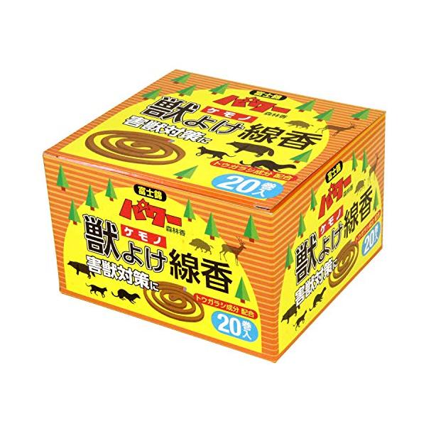 素材:唐辛子粉末 タブ粉 木粉 防腐剤、有効成分:トウガラシ成分サイズ:直径11cm対象動物:猫、イタチ、狸など内容:獣よけ線香 20巻原産国:日本