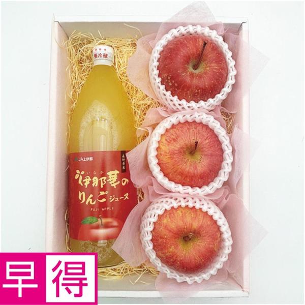 【早得予約は5/20(水) 15時まで】※早得期間終了後は、本体価格4,500円(税込4,860円)となります。青森ふじりんごと信州りんごジュース（ストレート果汁１００％）をセットにしました。●商品詳細ふじりんご３個（１個３００ｇ以上）、り...