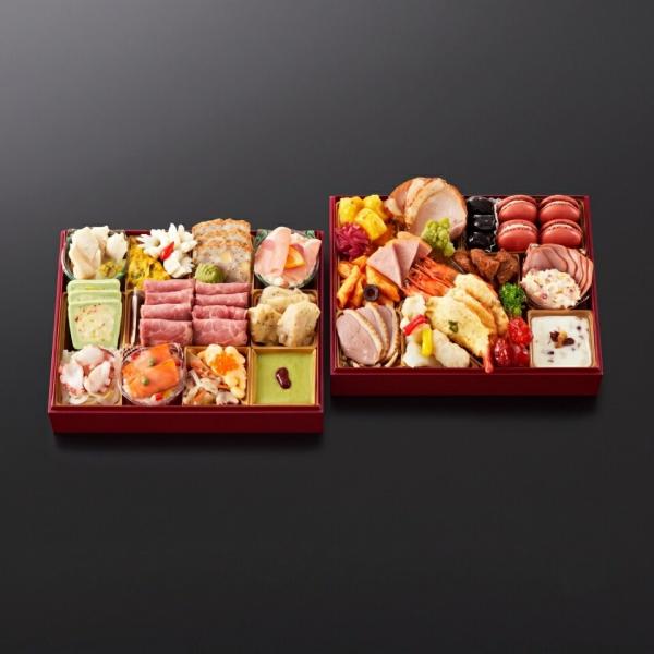 【ご予約は12/26(土) 15時まで】 肉料理と魚介料理を中心とした豪華な食材をふんだんに盛り込んだ二段のオードブルボックス。華やかな見栄えがパーティーに彩りを添えます。●特定原材料：えび・くるみ・小麦・卵・乳成分・魚介類●お重内寸(mm...