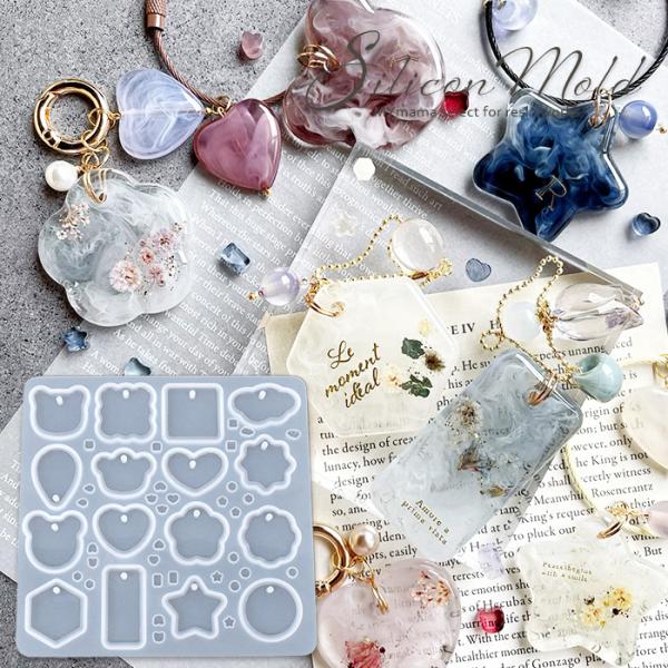 シリコン モールド 穴あき ぷっくり プレート 16 デザイン#ゆうパケ 3点可ハート、くま、ほし、くも、しずく、六角形、四角など16デザインの穴あきぷっくりプレートとシャカシャカの封入やデコに使える小パーツのハートやくまなどが作れるシリコ...