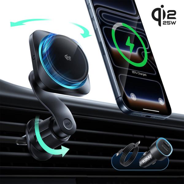 【発売日：2025年12月15日】ESR Qi2 25W認証 マグネット式ワイヤレス充電対応車載ホルダー OmniLock Magsafe マグネット ワイヤレス充電器 超強力 スマホ充電器 スマホホルダー 車載ホルダー 車載用 車載ホルダ...