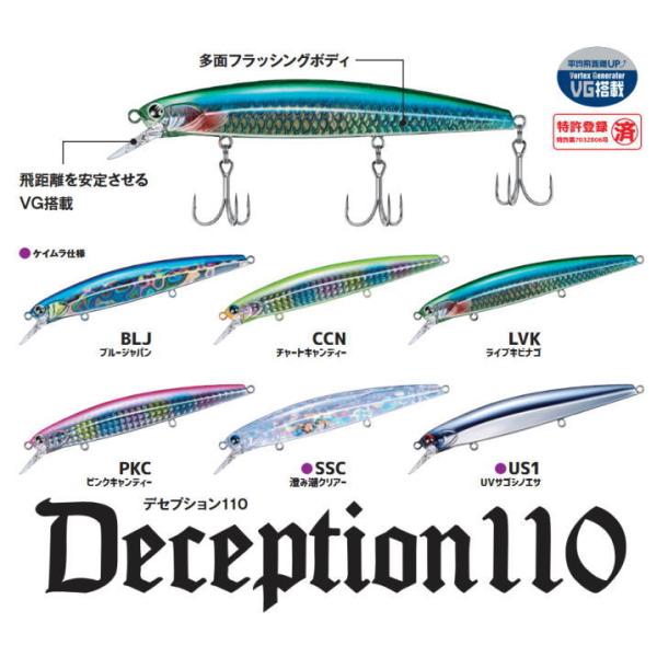 ■Size : 110mm ■Weight : 17g ■Type : Sinking ■Hook : #6 ■思わず口を使う万能ミノーオリジナルの動きはそのままに待望のダウンサイズ、デセプション110が誕生。よりライトなタックルでの使用も...