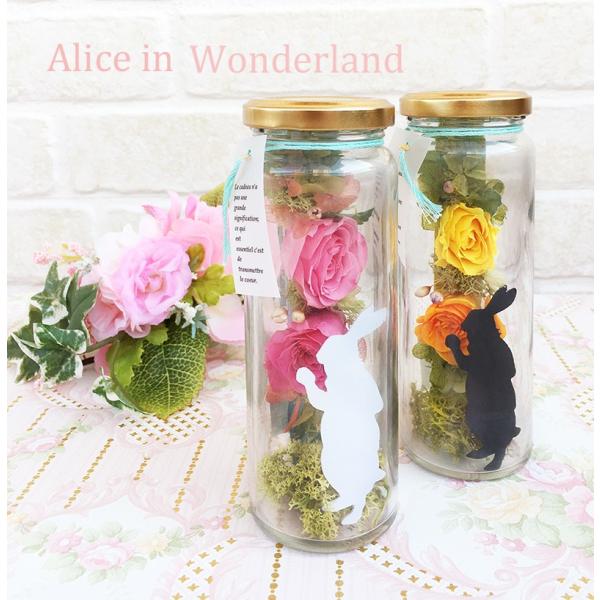 サイズ：横5.5cm × 縦5cm × 高14cm花材：バラ　モス　あじさいシルエット：アクリル不思議の国のアリス プリザーブドフラワー うさぎ ウサギ  ボトルフラワー プレゼント お花 おもしろ ギフト アリスインワンダーランド 薔薇 ...