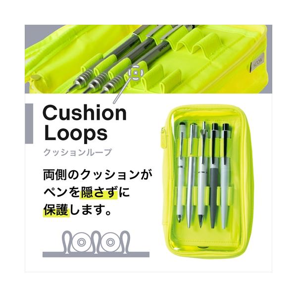 ペンホルダー：５本収納可能。メッシュポケット：シャープ替芯ケースや消しゴムを入れて。ホルダーバンド：定規などの薄い物の収納に。プレート下には文具小物が入ります。ペンを隠さず保護するクッションループ。プレートを折り返すことで見たい面を変えられます。