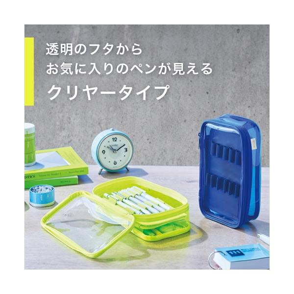 ペンホルダー：５本収納可能。メッシュポケット：シャープ替芯ケースや消しゴムを入れて。ホルダーバンド：定規などの薄い物の収納に。プレート下には文具小物が入ります。ペンを隠さず保護するクッションループ。プレートを折り返すことで見たい面を変えられます。