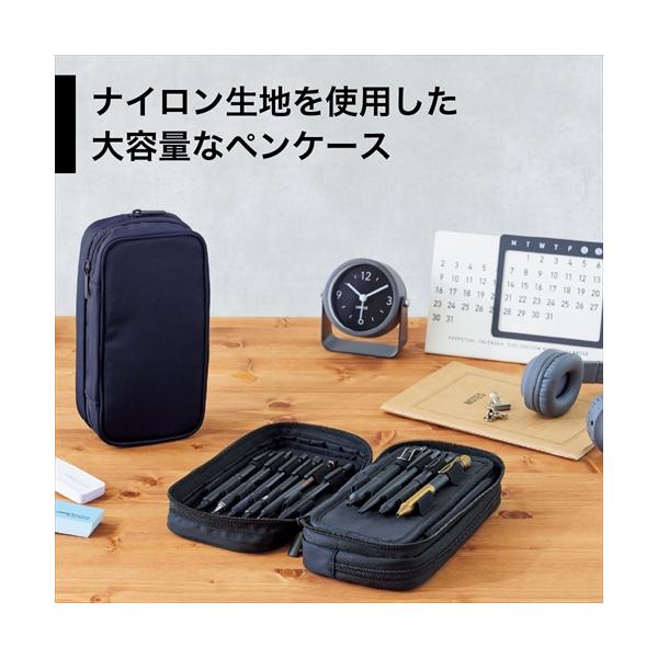 ペンホルダー：合計10本収納可能。ポケット：定規などの薄い物の収納に。メッシュポケット：シャープ替芯ケースや消しゴムを入れて。ペン同士の傷つきを防止するクッションプレート。ペンを隠さず保護するクッションループ。