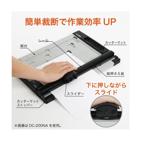 ●規格：Ａ３判●裁断幅：４６２ｍｍ●外寸：幅２６５×奥５４０×高５９ｍｍ●重量：１．６ｋｇ●裁断枚数（上質コピー用紙６４ｇ／ｍ２）：丸刃１０枚（目安１往復），ミシン目刃３枚●刃（丸刃），カッターマット１本（装着）付●替刃：Ｋ−１８，ＤＣＣ−...