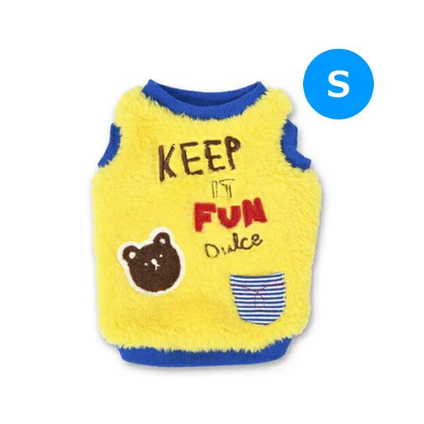 くまさんワッペンや刺繍などポップでかわいいデザインふわふわした肌触りの良いボアを使用したワンちゃん用タンク。そでや首元のリブには差し色をプラス【素材】ポリエステル 100%【サイズ：S】着丈：22-24cm胴周：33-35cm首周：22-2...