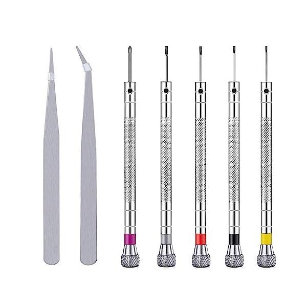 セットには5種類の異なるサイズの精密ドライバーと2本の精密ピンセットが含まれている。サイズ：時計職人ドライバー5種類の異なるサイズ0.8 mm、1.0 mm、1.2 mm、1.4 mm、1.6 mm異なるサイズは異なる色に対応し、区別しやす...