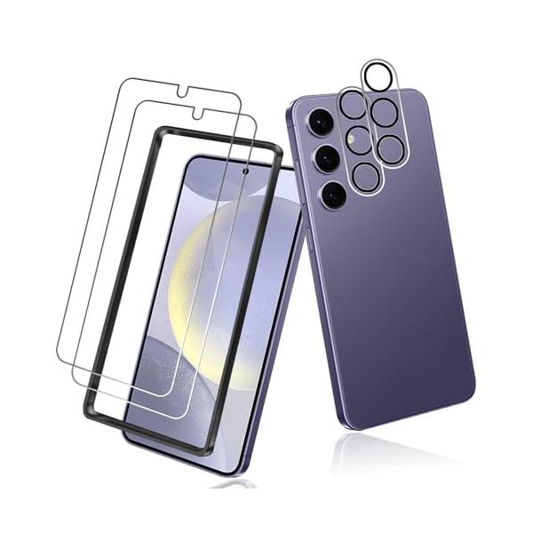 対応機種： FOR Galaxy S24 5G ガラスフィルム+カメラフィルム 2+2 +ガイド枠付き透明度：超薄0.3mm、光の高透過率で、画面に最高レベルの保護を施しながら、保護フィルム自体の存在感を感じさせません、上品でエレガントな印...