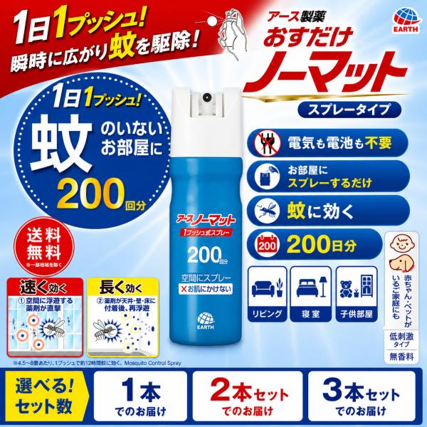 アース製薬 おすだけノーマット スプレータイプ200回分。お部屋の空間に1日1プッシュするだけで薬剤がすばやく広がり、蚊のいない快適空間づくりをサポートします。電気も電池も不要なのでコンセントのない場所でも使用可能。無香料・低刺激タイプで赤...