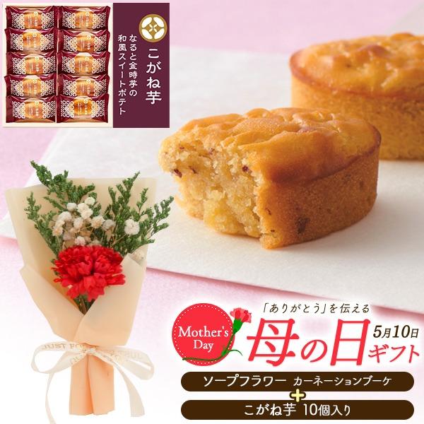 母の日ギフトにおすすめの、枯れないソープフラワーと和スイーツのセットです。赤いカーネーション×かすみ草のブーケと、なると金時芋使用の「こがね芋」10個の詰め合わせ。石鹸素材の観賞用フラワーは水やり不要で飾りやすく、スイーツは常温で日持ちする...