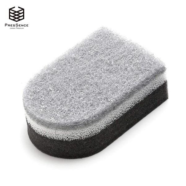 PRESSENCE『磨く』スポンジ●1層目「カラー部分」：この不織布は「マイクロビーズ入り」で、研磨力、耐久性に優れたナイロン製です。しつこいこびりつき汚れにむいています。角の無い丸いビーズですので、優しく擦り落として頂き、コーティング剤の...