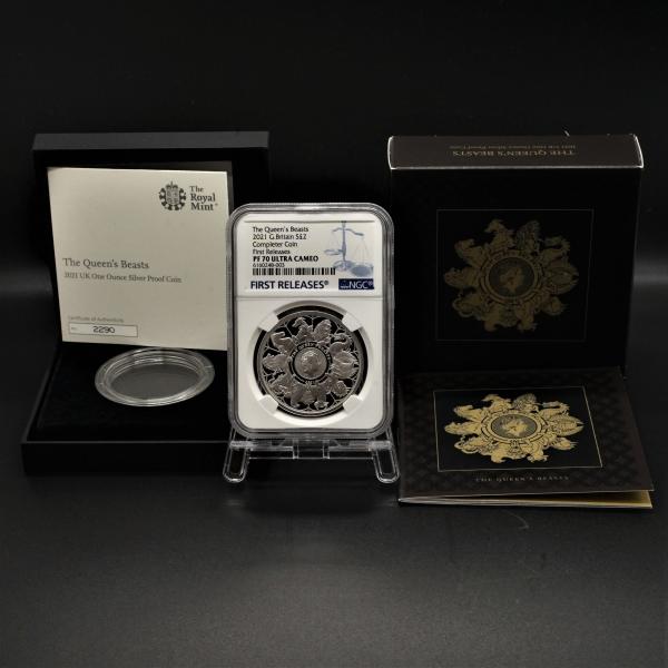 2021 Queens Beasts Completer 1 oz PF70 FR人気のクイーンズビーストシリーズ完結のコンプリーターコイン10の守護獣が並んだデザインは、シリーズ完結にふさわしく見ごたえのある一枚です。NGC鑑定の最高鑑定...