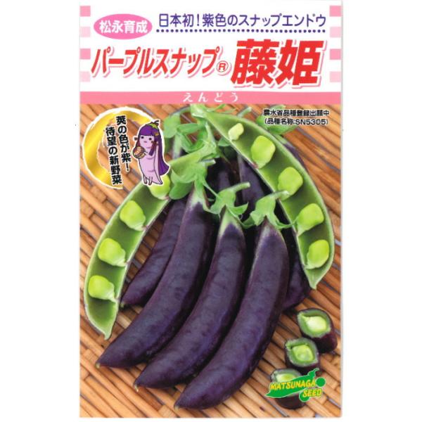 ------------------------------さやの色が紫色の、早生赤花スナップエンドウです。サヤは、長さ7.5cm〜8cm前後、幅1.5cm前後のやや短めの中サヤ系品種。初花房は主枝の13節ぐらいから発生し、1花房に2サヤず...