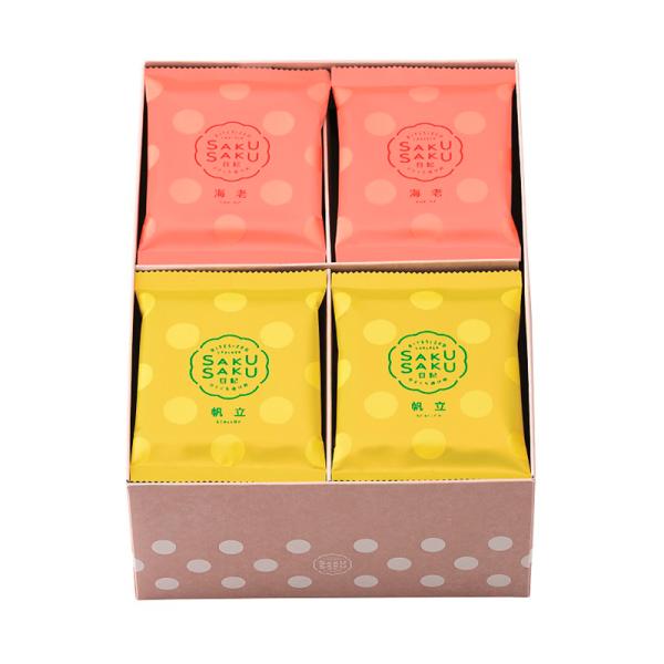 明治22年創業「坂角総本舖」。小粋な揚げ煎「海老」と「帆立」のふたつの味わいをひと箱に。手土産や贈り物に最適です。【商品内容】海老、帆立　各10袋【箱サイズ】305×211×108mm【消費期限】製造日から60日【特定原材料】小麦,えび