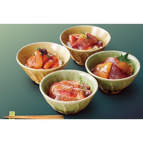 本まぐろやサーモン、金目鯛などづけ丼の具4種。お茶碗サイズがちょうどいい！  解凍してご飯にのせるだけ。※お届けまでに1週間から１０日前後かかります※他商品との抱合せ・二重包装はできません【セット内容】天然本まぐろづけ丼５０ｇ×２、サーモン...