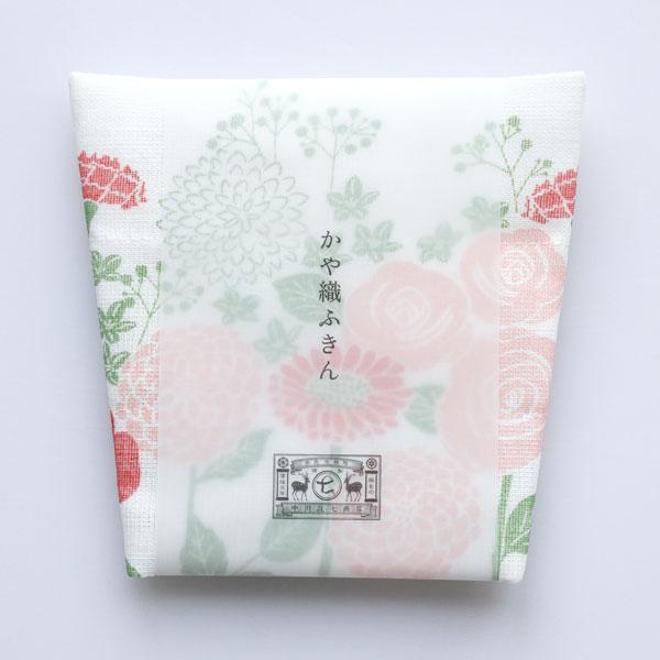 たたむと花束のように見える「ふきん」です。白のダリアとピンクのバラ、赤いポピーなど、花言葉が「感謝」の花をメインに描かれています。母の日の贈りものや、感謝の気持ちを伝えたい時、ちょっとした餞別などにお使いいただけます。蚊帳生地を使って仕立て...