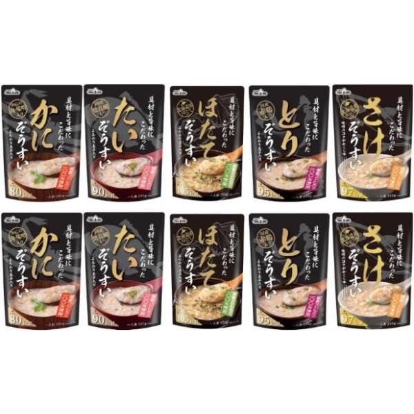 ■商品紹介具材と旨味にこだわった雑炊] 5種かにぞうすい：かに本来の上品な香りとコクのある味わいに仕上げました。かにの肉・味噌入りのぞうすいです。たいぞうすい：国産焼真鯛を使用し、香りと風味にこだわりました。香ばしく、鯛本来の味に仕上げたぞ...