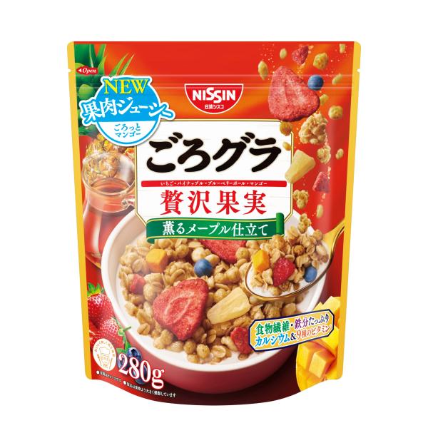 ■商品説明「ごろグラ 贅沢果実 280g」は、贅沢なごろっと果実と多彩な食感が楽しめるグラノーラです。リニューアルされた果肉ジューシーなマンゴーをはじめ、大きめスライスいちご、粒いちご、パイナップル、ブルーベリーボールなど、豊富な具材が入っ...