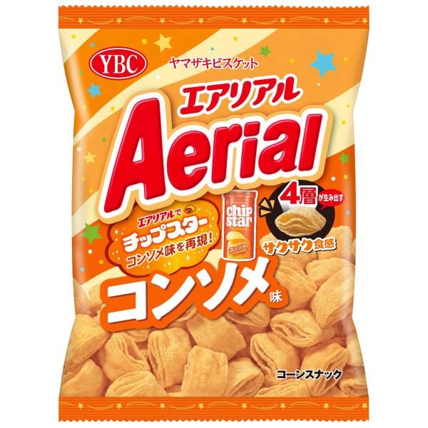 ■商品説明薄い生地を重ねて４層形状に仕上げることにより、軽い食感を追求したコーンスナック。チップスター５０周年を記念し、チップスターコンソメ味との味わいのコラボ。■原材料コーングリッツ（国内製造）、植物油脂、でん粉、ショートニング、砂糖、乳...
