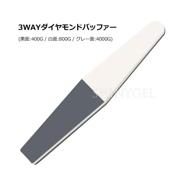3Wayで使用できる、目の細かいバッファー（シャイナー）です。自爪やジェル表面を滑らかに仕上げます。黒色から白色の面の順番で爪表面を磨いて整えた後、グレーの面で磨いて爪をピカピカにしてください。※自爪に使用する場合、1週間に1、2度程度の目...