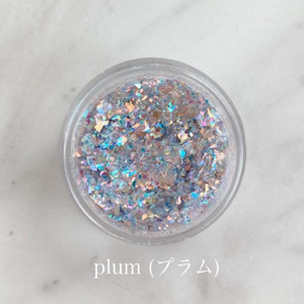 ｐｌｕｍワントーン落ち着いたカラーのオーロラのホロになります。オーロラクリアの細かなホロで、輝きが強く埋め込みやすい為シアーカラーを重ねて頂くと奥行感が出て美しいです。シアーカラーを重ねる前にミキシングジェルを塗布し一度硬化していただくとよ...