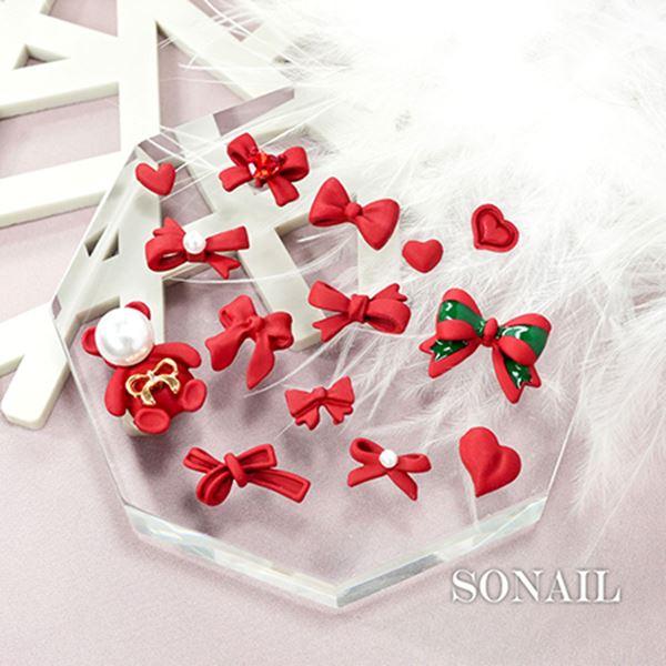 赤　ＦＹ００１８７３クリスマスカラーのリボン、ハート、くまのかわいいモチーフが14種類入ったお得なアソートです。色んなコーディネートが楽しめます。(1)縦５．５ｍｍ×横９ｍｍ　背面カーブあり(2)縦８．５ｍｍ×横８ｍｍ　背面カーブあり(3)...