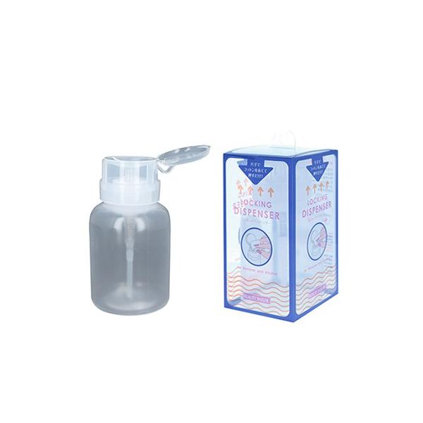 安定感抜群で軽いプラスティックタイプのロック式ディスペンサー。除光液やアルコール、アセトンを入れてご使用いただけ、キャップ部分をひねると倒れても液がこぼれにくくなる優れもの。アセトン可。内容量：２００ｍｌ重量：６１ｇ