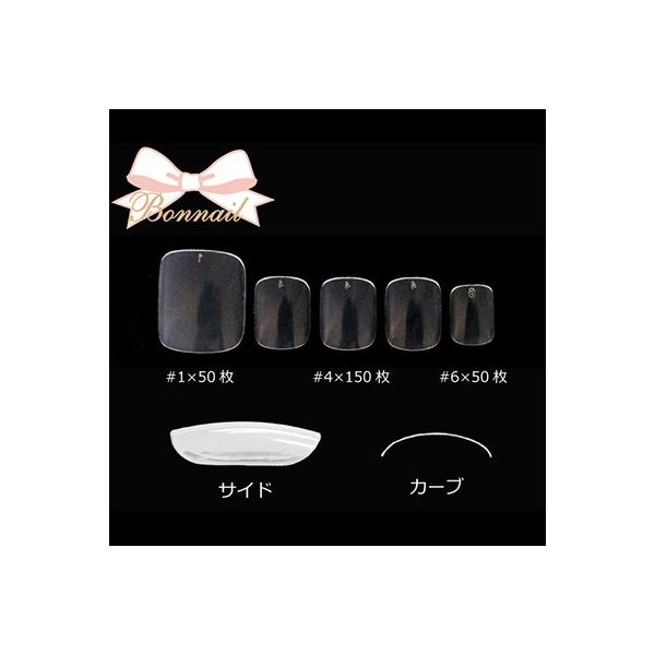 フット用サンプルチップにどうぞクリアフルチップ250枚入りです。よく使うサイズ3種類をまとめています。＃1（縦20mm/横17mm）×50枚＃4（縦20mm/横17mm）×150枚＃6（縦12mm/横9mm）×50枚【１】長さ１９．５ｍｍ、...