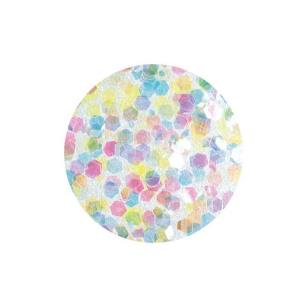 50ccの容器にたっぷり入ったバリューボトル。色落ちしにくいタイプなので、ジェルネイルやアクリルネイルに使え、もちろんトップコートにもOKサイズ：2.3mmカラー：オーロラマルチ