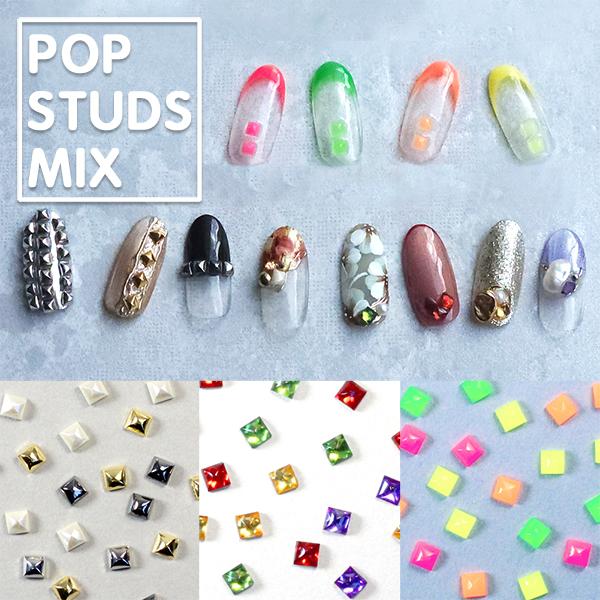 従来のピラミッド型とは違い、少しぷっくり仕上げのPOPスタッズ。存在感抜群のスタッズミックス。【Basic -ベーシック-】使いやすいベーシックカラーの組み合わせ。【Metal -メタル-】アートのポイント使いにおすすめな華やかなカラーの組...