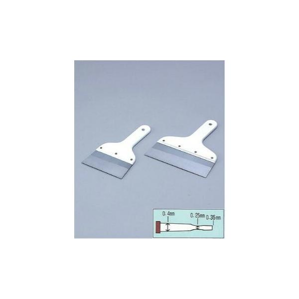 【特徴】ヘラ表面に硬質メッキを施し、耐磨耗性に優れ、さびにくく滑らかで、付着したパテが落としやすくなっています。すき研磨を施し適度な弾力があります。材質：ステンレス鋼（表面硬質メッキ処理）