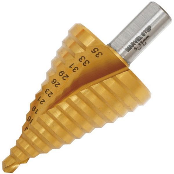 【メーカー】マーベル【商品名】チタンコーティングステップドリル(ストレートシャンクタイプ)【品番】MSB-35G【特徴】【製品情報/スペック】JANコード：4992456310177推奨回転数(r.p.m)：鉄金属100〜300　　ステンレ...