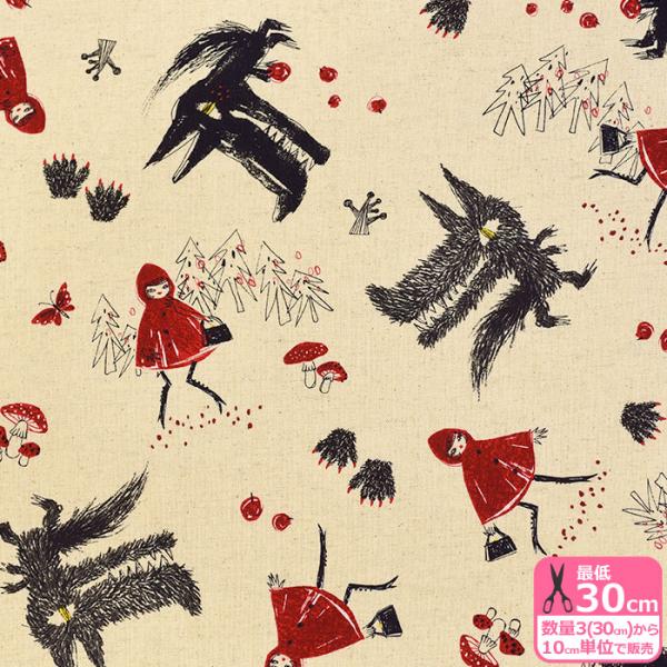カワグチミヤコさんデザインのファブリックです。赤と黒の配色がスタイリッシュな赤ずきんちゃんの総柄デザインです。コットン80％、リネン20％の綿麻キャンバスです。綿カスやネップ、色抜け等が見受けられます。ナチュラルな風合いが魅力です。●この生...