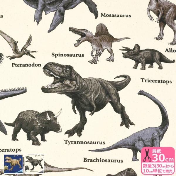 恐竜たちが沢山描かれたデザインです。リアルでかっこいい雰囲気です。綿カス残しのコットン100%のオックス生地です。通気性に富み、お洋服から雑貨まで幅広くお使いいただけます。バッグやエプロン、カバーリングなどにおすすめです。●この生地は商用利...