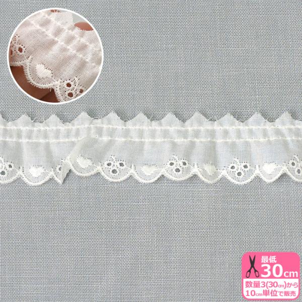 小さなハートの刺しゅうが施されたかわいいフリルレースです。●この製品は商用利用可能です。素材：綿100％　/ 日本製/規格：約2.2cm幅 / カラー：2●ネコポス便対応表示価格は10cmの値段です。最低30cmから10cm単位でカット致し...