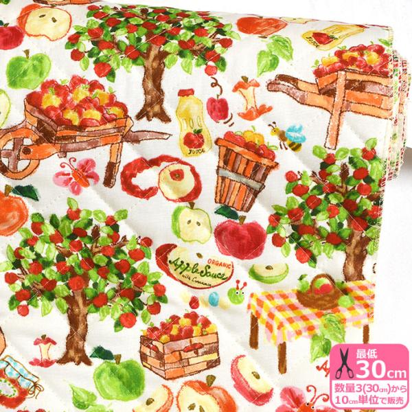 クレヨンタッチのりんご畑に、ミツバチや蝶々、台車いっぱいのりんごが描かれたキルト生地。あたたかみのある楽しいデザインです。コットン100%のシーチング生地をキルティング加工しました。真ん中にわたを挟み、約3.5cmマスのステッチでおさえてい...